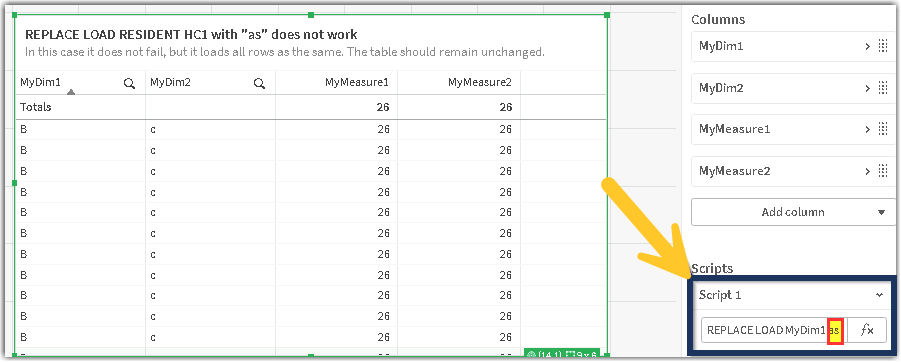 Qlik Sense Chart-level scripts, REPLACE LOAD ..... RESIDENT HC1 does ...