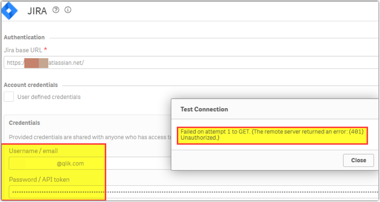 Qlik JIRA Connector: creating a new connection fails with error Failed on attempt 1 to GET (The ...