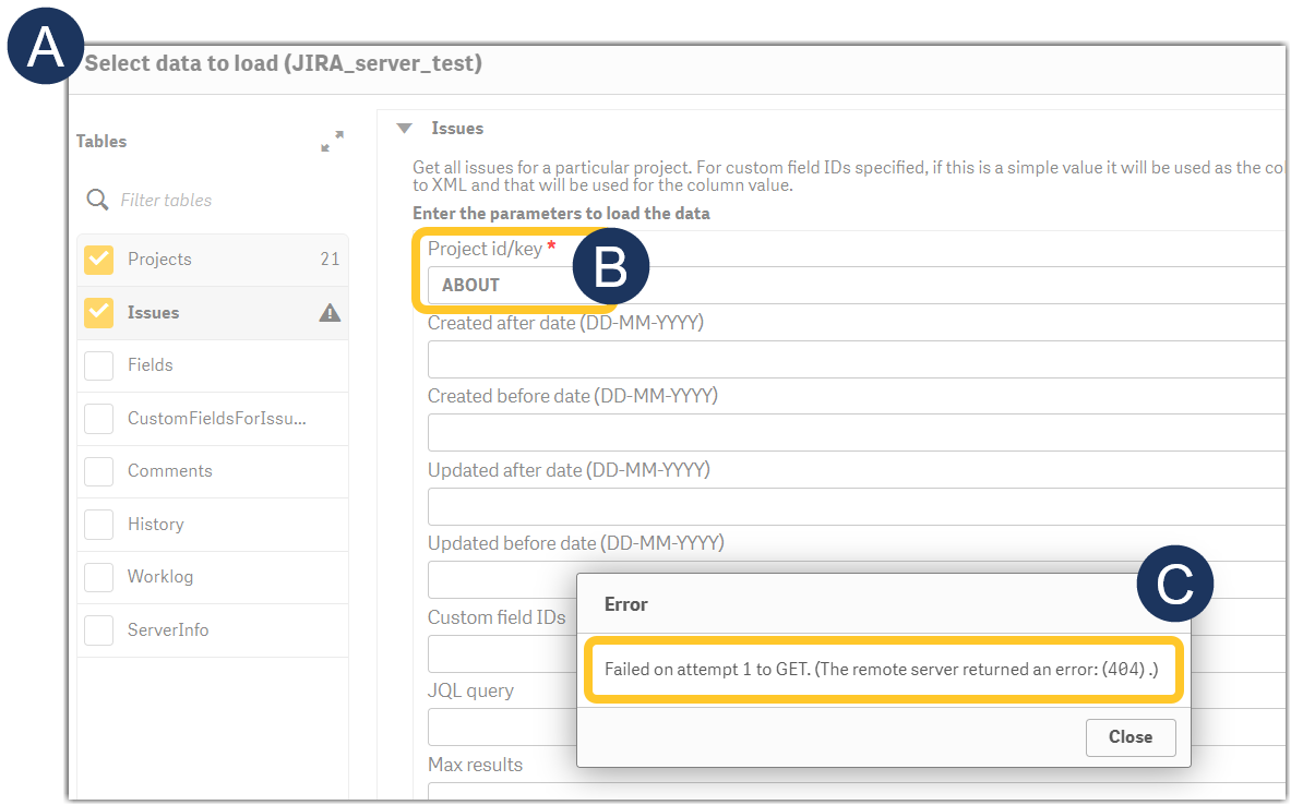 Qlik Sense and the JIRA Connector and JIRA Server: Error when displaying "Project/key" in ...
