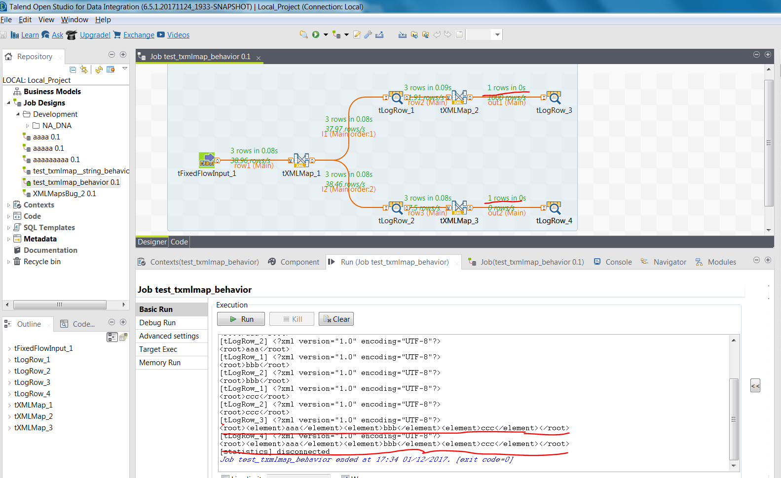 The execution order changes when a tXMLMap component uses the datatypes Document and String