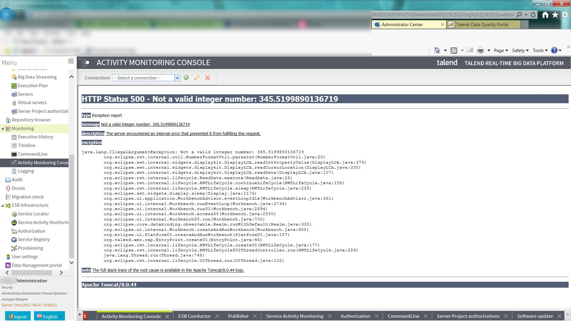 Viewing AMC within TAC throws the error 'HTTP Status 500 - Not a valid ...