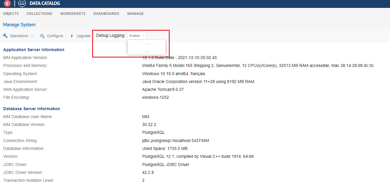 You cannot configure the Debug Logging window in Talend Data Catalog